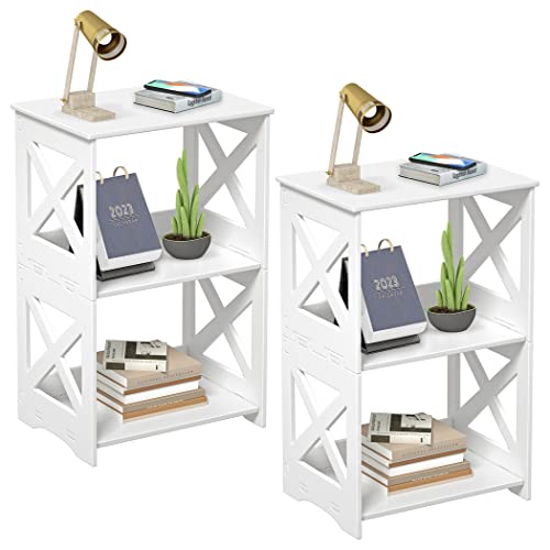 BYFU 3-Tier Side Table Set of 2, Narrow End Table with Storage Shelf, White Nightstand Bedside Table Small Bookshelf Bookcase Display Rack for Bedroom Bathroom Living Room Office