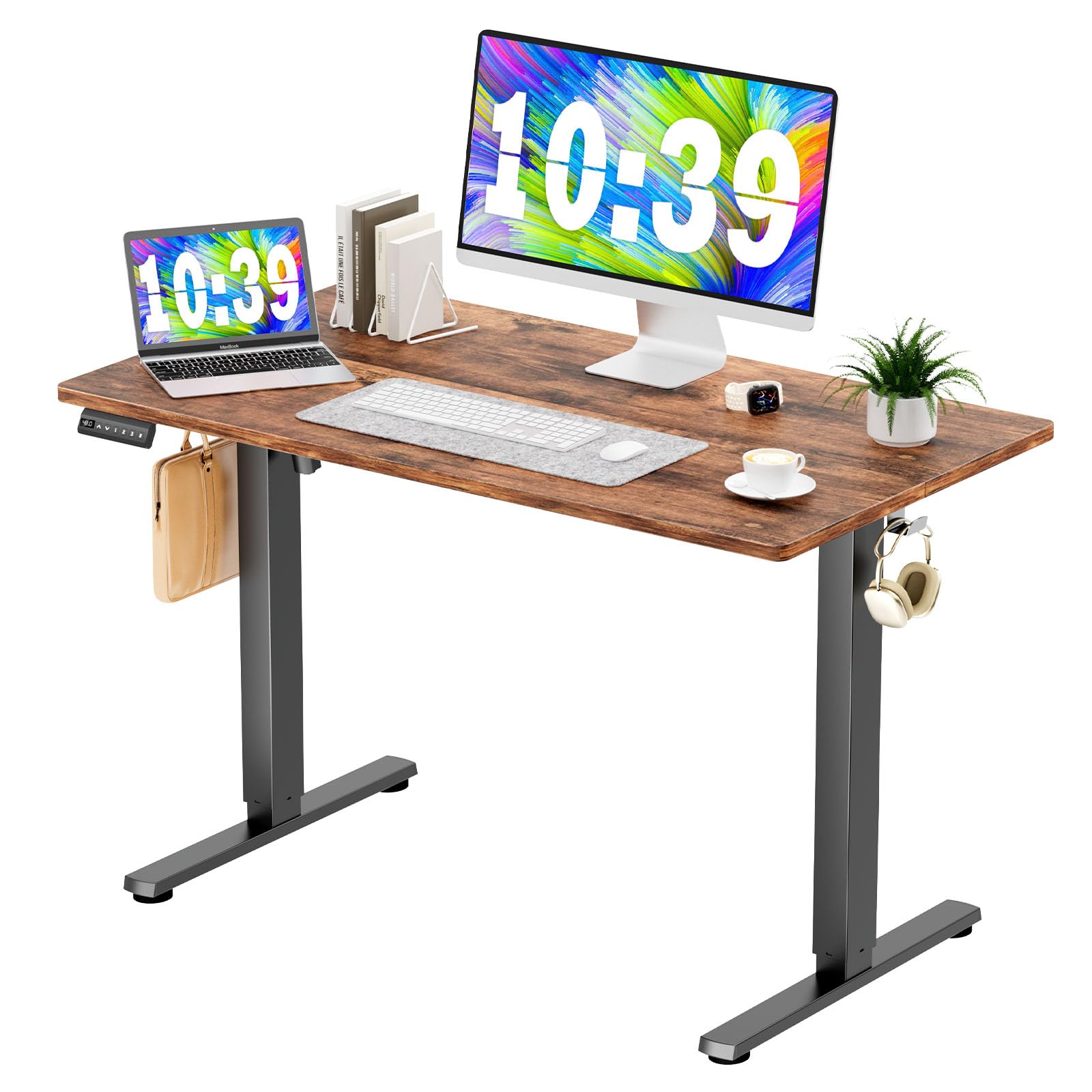 Sweetcrispy Electric Standing Desk - 48 x 24 inch Adjustable Height Sit to Stand Up Desk with Splice Board, Rising Home Office Computer Table with 2 Hook and Wire Hole for Work