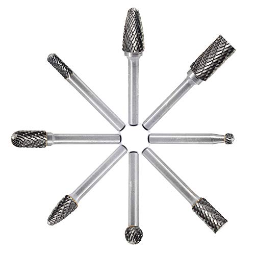 Carbide Burr Set 8pcs JESTUOUS 1/4 Inch Shank Diameter Double Cut Rotary Files Metal Grinding Polishing Carving Tool Drill Bits for Die Grinder Kits