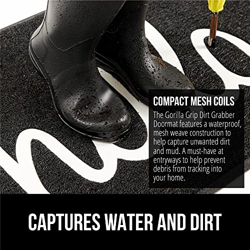 Gorilla Grip Dirt Grabber Hello Mesh Doormat, Waterproof All Weather Welcome Mat, Low Profile Entryway Mats for Home, Indoor Outdoor Front Entrance and Back Sliding Door, Washable, 30x17, Black/White