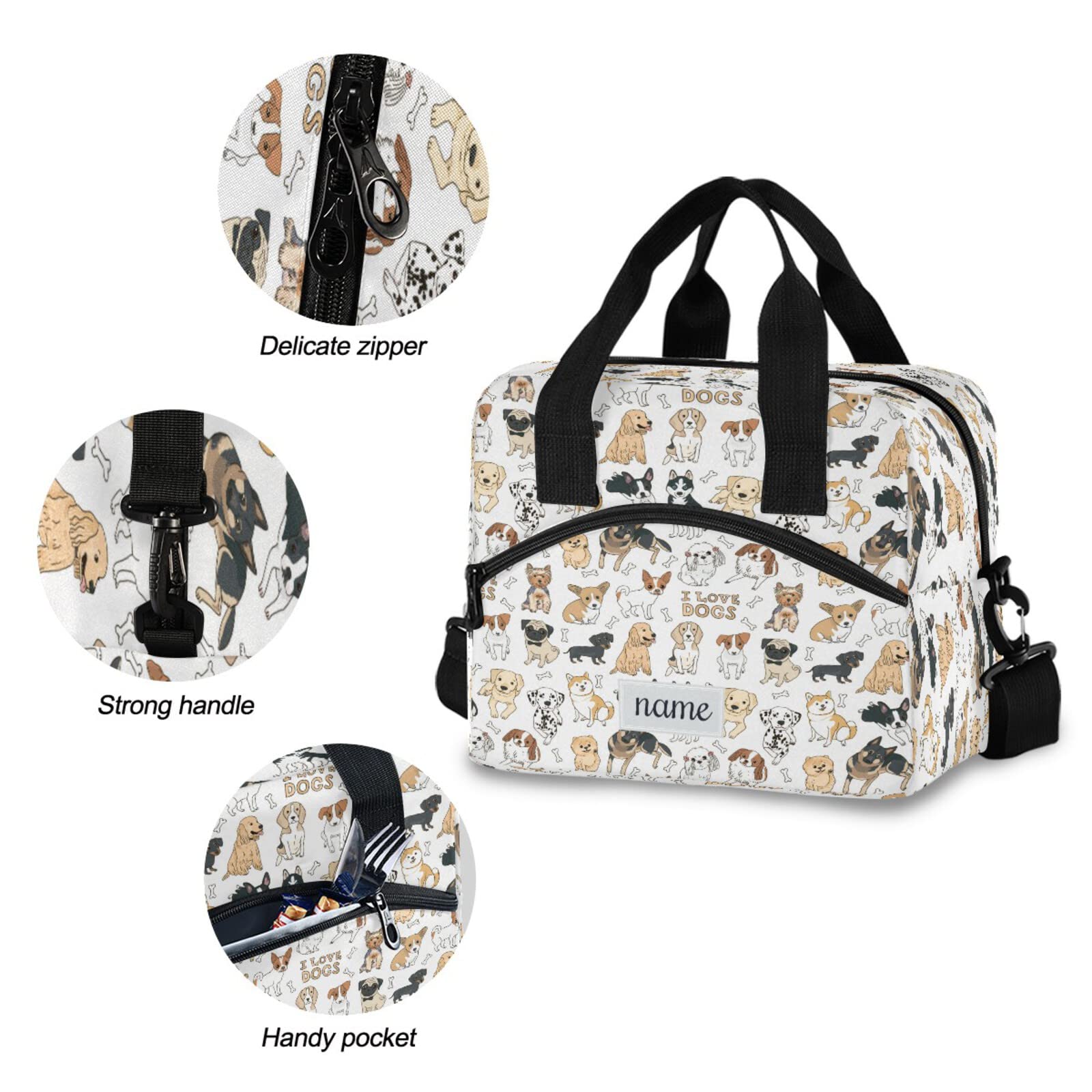 Breeds Drawn Dogs Custom Lunch Bag for Women Men Customized Insulated Cooler Lunch Tote Box for Adult Leakproof Thermal Lunch Tote Bag Lunch Box
