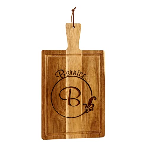 Creative Gifts International Acacia Wood Carving Board, Charcuterie Board With Handle And Lanyard, Beveled Edge, 17" x 9.75", Cutting Board Wedding Gift, Custom Monogram