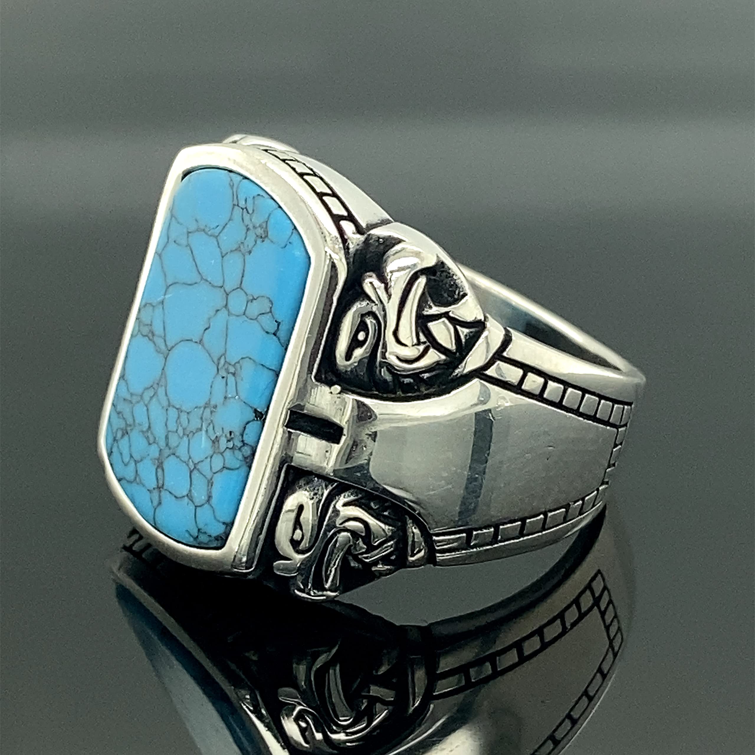 Men Handmade Silver Ring, Turquoise Stone, Natural Turquoise Gemstone Ring, Handcrafted Ottoman Men Ring, Gift for Him