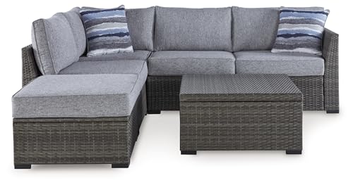 Signature Design by Ashley Petal Road Casual Weather Resistant Cushioned Outdoor Loveseat Sectional/Ottoman/Table Set with 2 Throw Pillows, Set of 4, Gray
