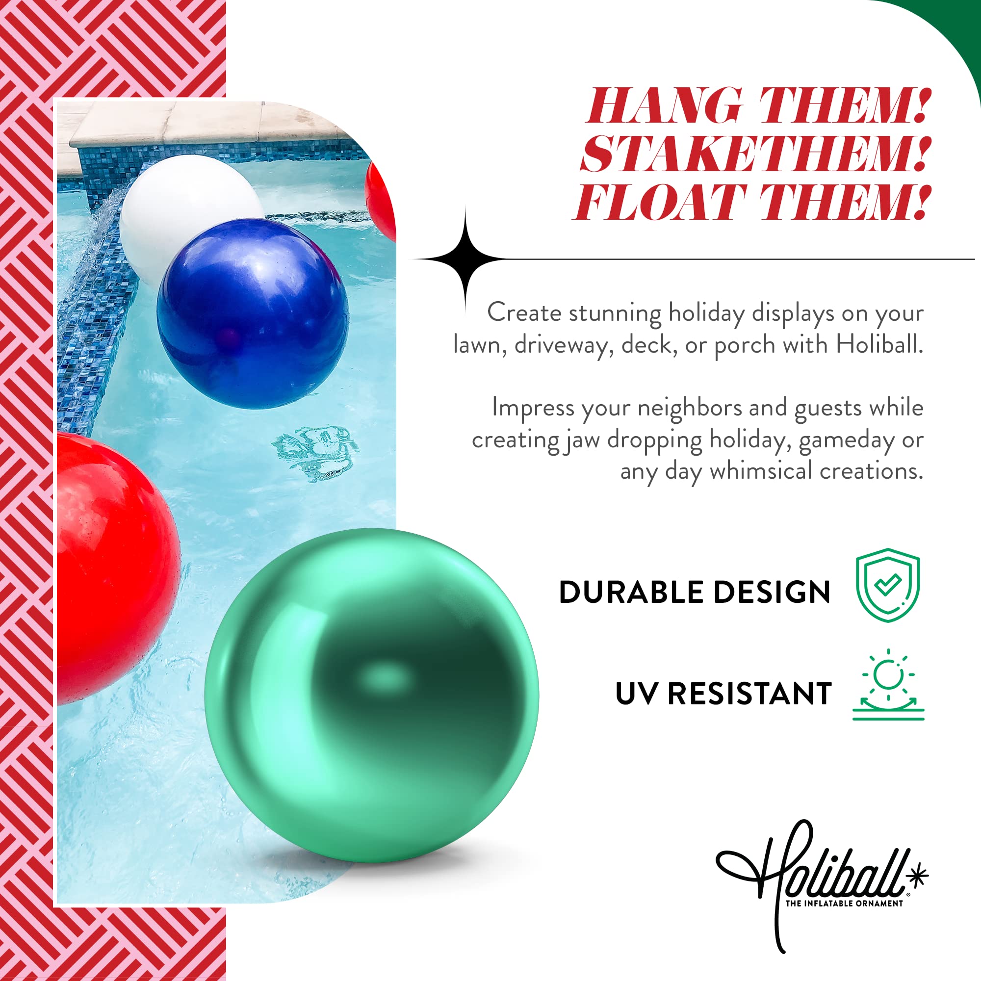 Holiball Inflatable Holiday Ornament – Indoor and Outdoor Use– Reusable and Storage Friendly – The Ultimate Holiday Decoration – 18" – Holly Green