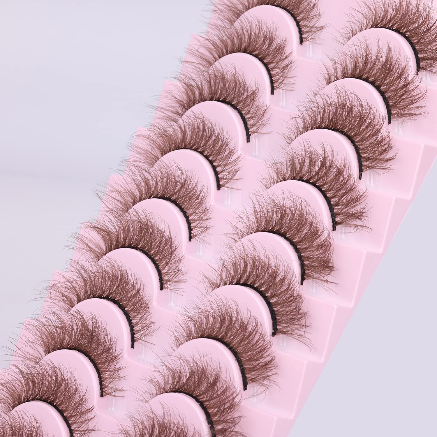 Brown Lashes Cat-Eye False Eyelashes Natural Look 16mm Wispy Faux Mink Eyelashes Fluffy 8D Full Voluma Fake Eye Lashes Pack, 10 Pairs