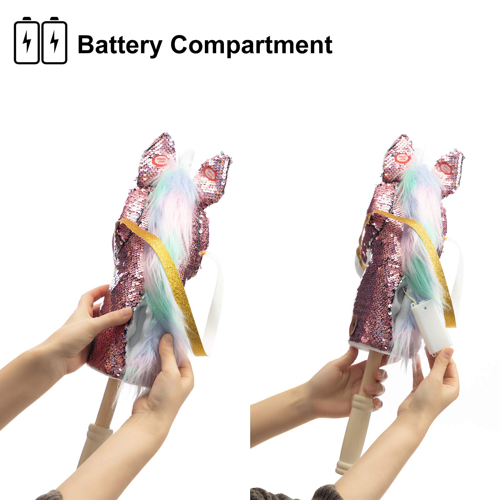 HollyHOME Sequin Unicorn Stick Horse Handcrafted Hobby Horse on a Stick with Wood Wheels Real Pony Neighing and Galloping Sounds Plush Unicorn Toy Pink 36 Inches(AA Batteries Required)