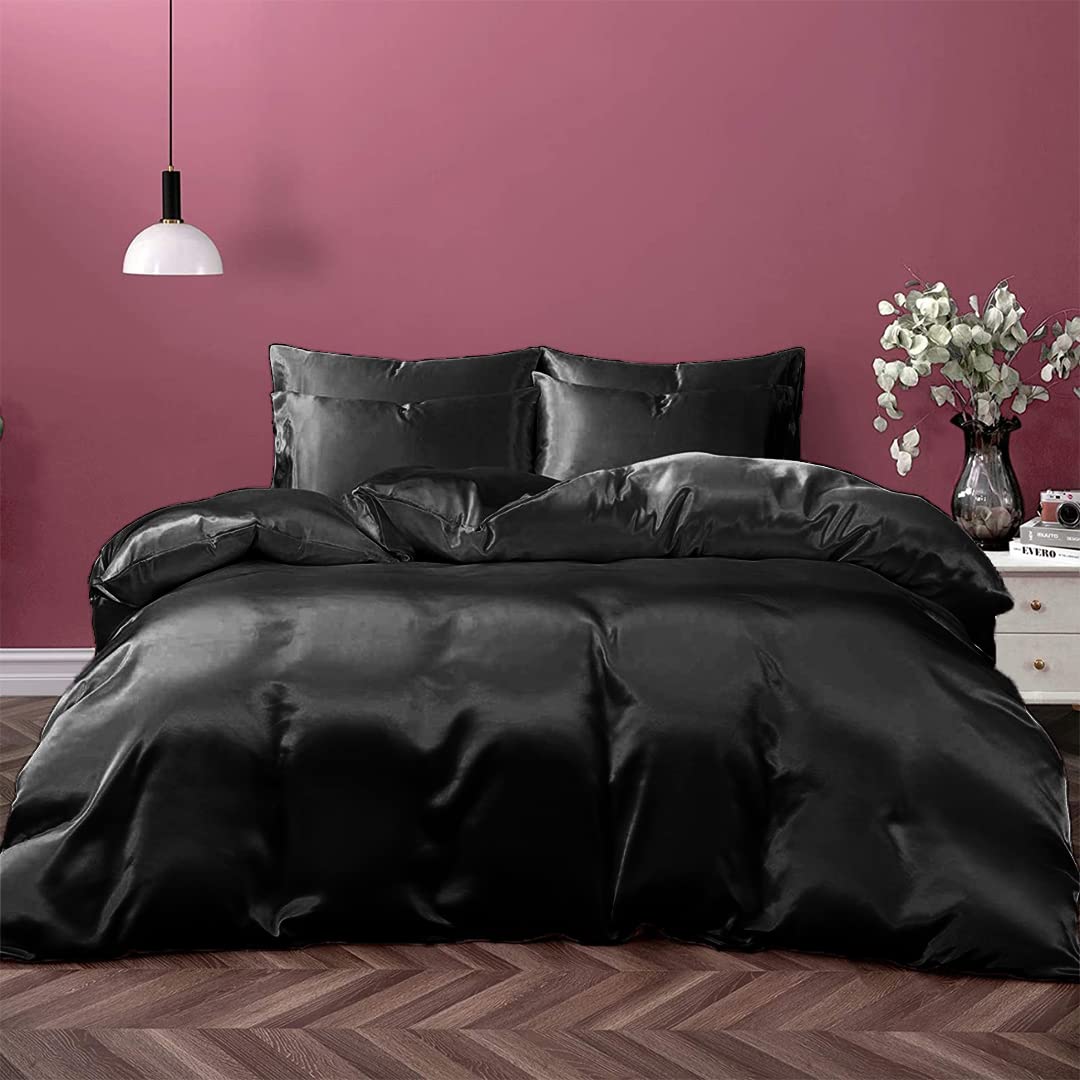 Cloud Fino Silk Satin Bed Linen Set, King, Deep Pocket, Black, 4pcs Including Fitted Sheet & Duvet Cover