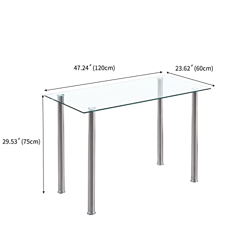 Clear Glass Dining Table 45.3" * 23.6" * 29.5", Rectangular Kitchen Table with Tempered Glass Tabletop and Chrome Legs, Clear Glass Kitchen Table for Restaurant, Apartment and Small Space