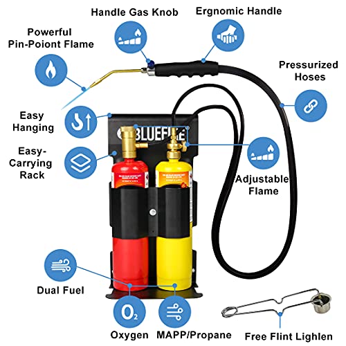 BLUEFIRE Oxypropane High Heat Welding Torch kit Free Accessory of Flint Lighter and Cylinder Holder Rack Duel Fuel by Oxygen and MAPP MAP PRO and Propane Brazing Soldering Gas Cylinders Not Included