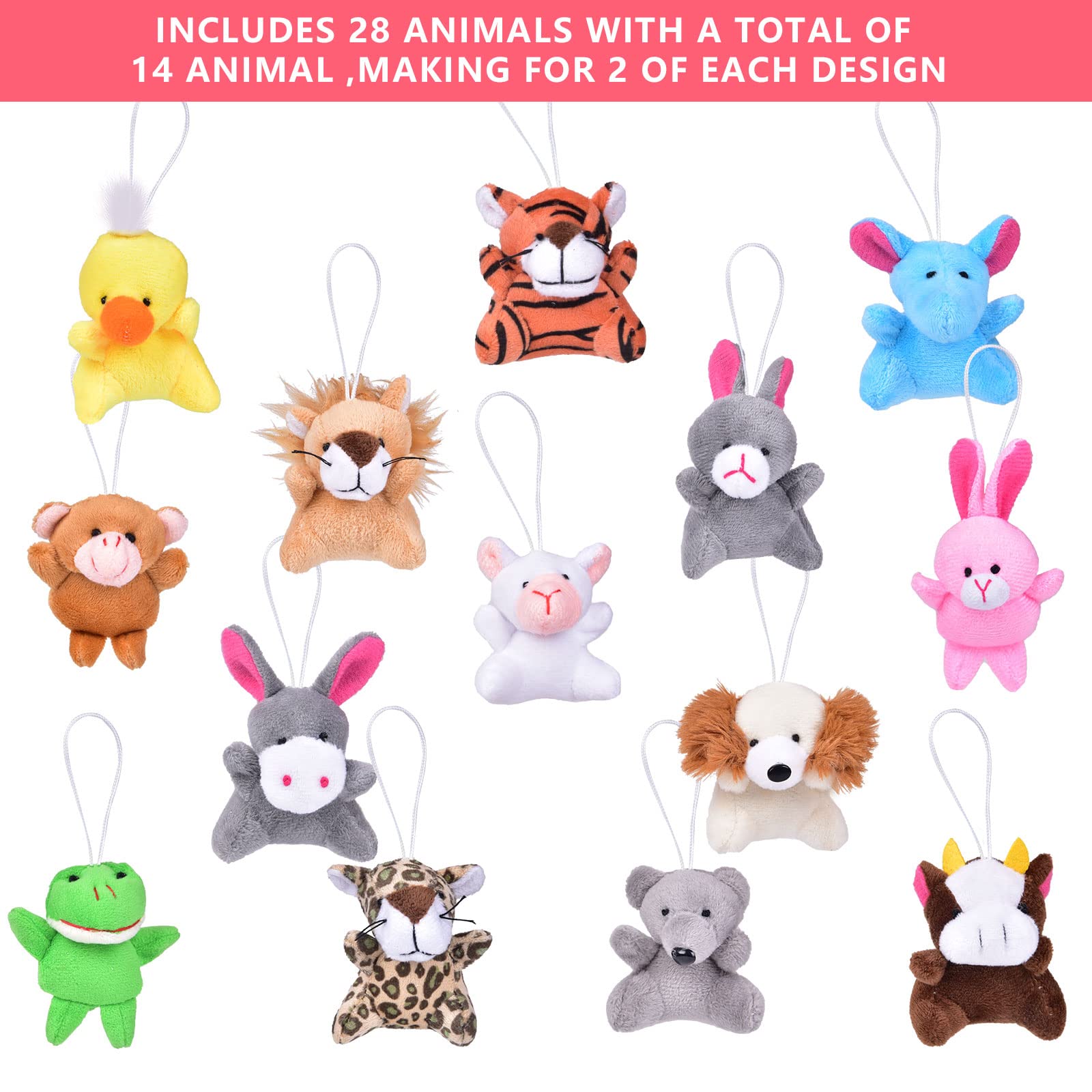 FUN LITTLE TOYS 28 Packs Valentines Mini Plush Toy Set, Cute Stuffed Animal for Kids, Valentine Cards for Students, Classroom