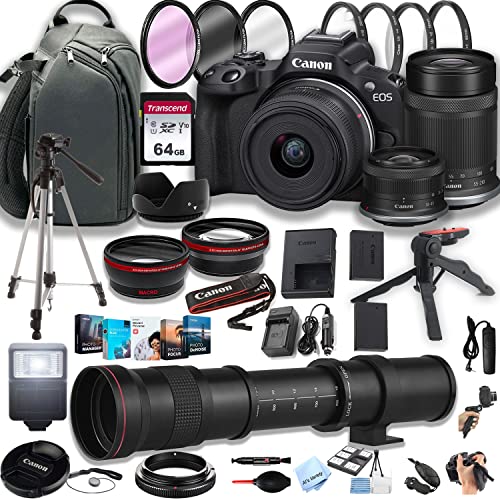 Canon EOS R50 Mirrorless Digital Camera with RF-S 18-45mm f/4.5-6.3 is STM Lens + 55-210mm f/5-7.1 is STM Lens + 420-800mm Super Telephoto Lens + 64GB Memory Cards, Professional Bundle (44pc) (Renewe
