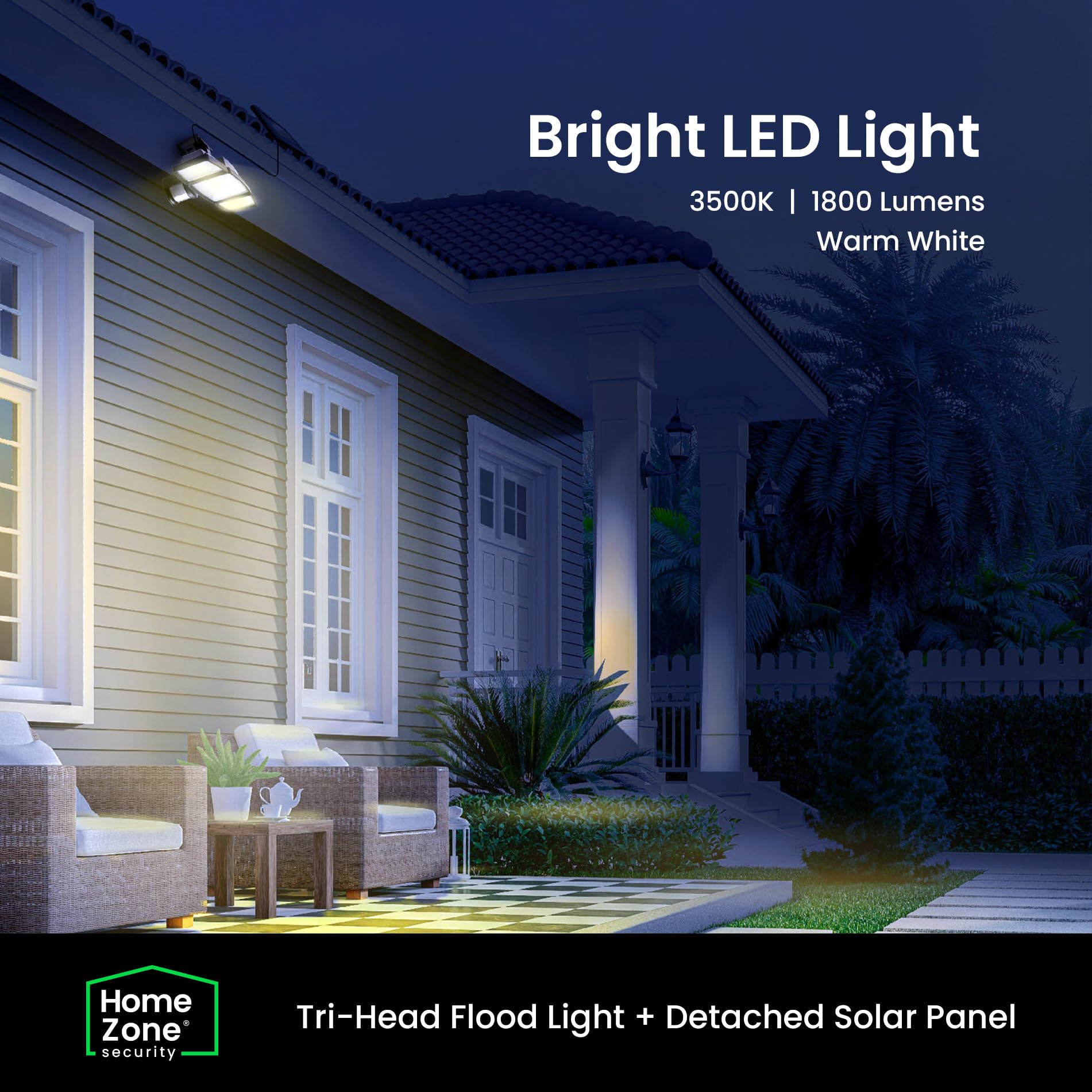 Home Zone Security Solar Flood Lights - Outdoor Motion Sensor LED Flood Light 3500K Warm Color Temperature with No Wiring Required, Black