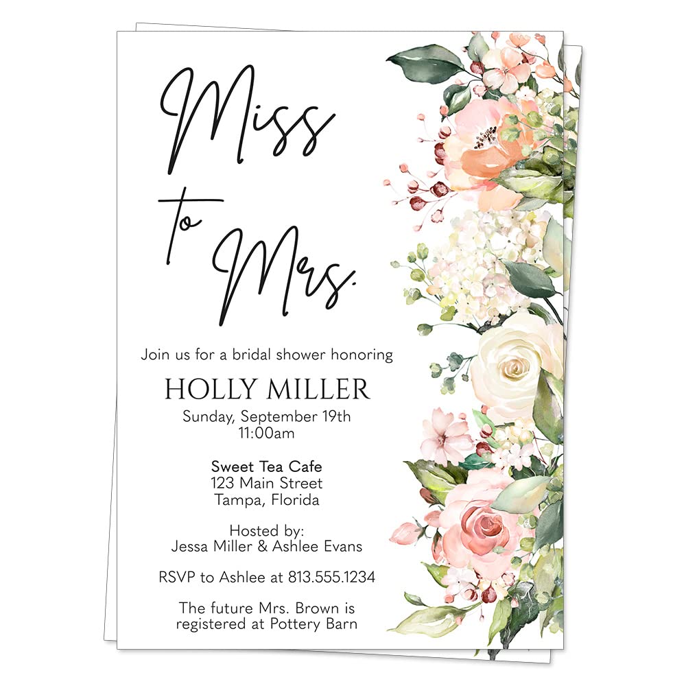 Bridal Shower Invitation Wedding Shower Invite Miss to Mrs Bachelorette Party Last Fling Before the Ring Floral Flowers Printed Cards Customized Personalized Cards (12 Count)