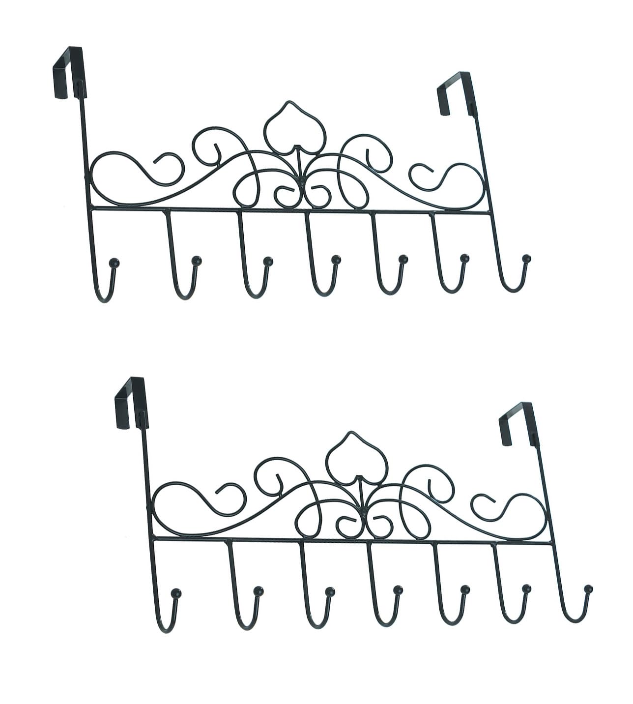 eywlwaar Over The Door 7 Hanger Rack Metal Rack for Home Use Hats Coats Key Bag Clothes Scarfs Hooks and Love Design (Black)