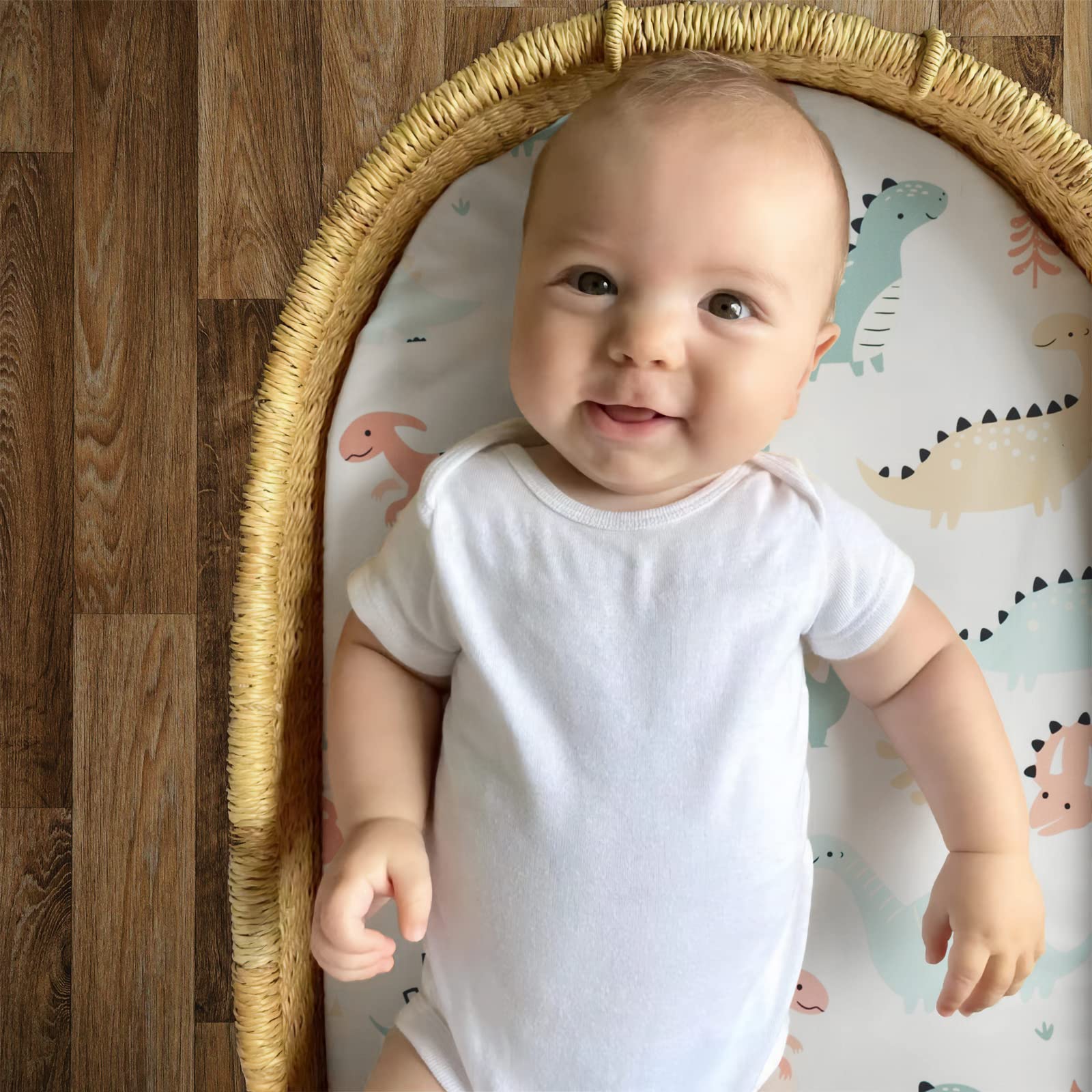 Bassinet Sheets for Baby Boy Girl, Ultra Stretchy Snug Fitted, Bassinet Sheet Set Mattress Protector, 2 Pack, Dinosaur&Animal