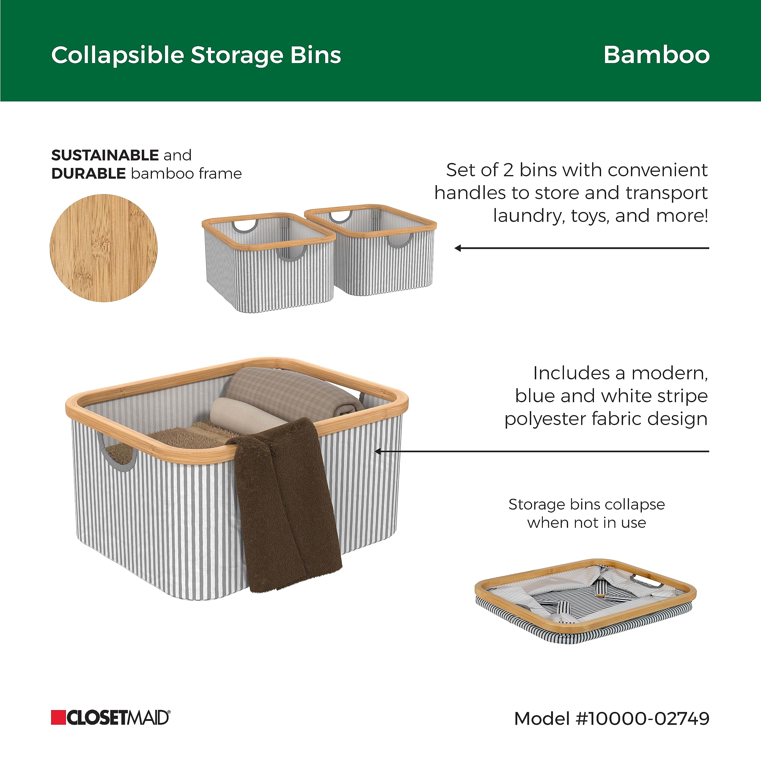 ClosetMaid Laundry Hamper Storage Baskets Bamboo Frame, Portable, Collapsible Design, Freestanding, Stripe (2-Pack), Blue/White