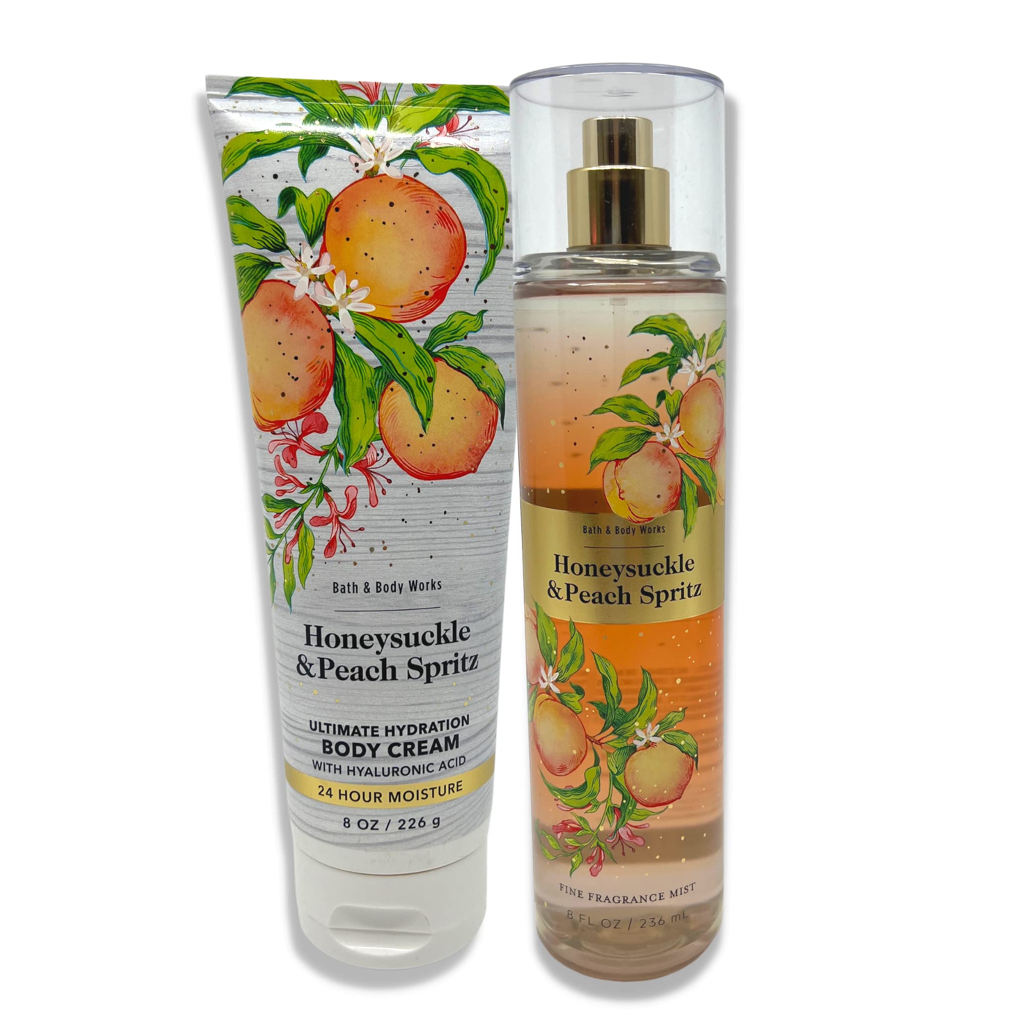 Bath & Body Works - Honeysuckle & Peach Spritz - 2 pc bundle - Fine Fragrance Mist 8 fl oz and Ultimate Hydration Body Cream 8 oz - LIMITED edition