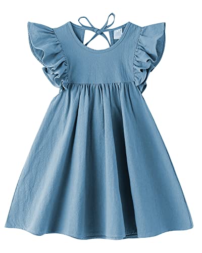 Dutebare Toddler Baby Girl Dress Cotton Linen Ruffle Halter Sleeveless Dresses Kids Summer Sundress Blue 80