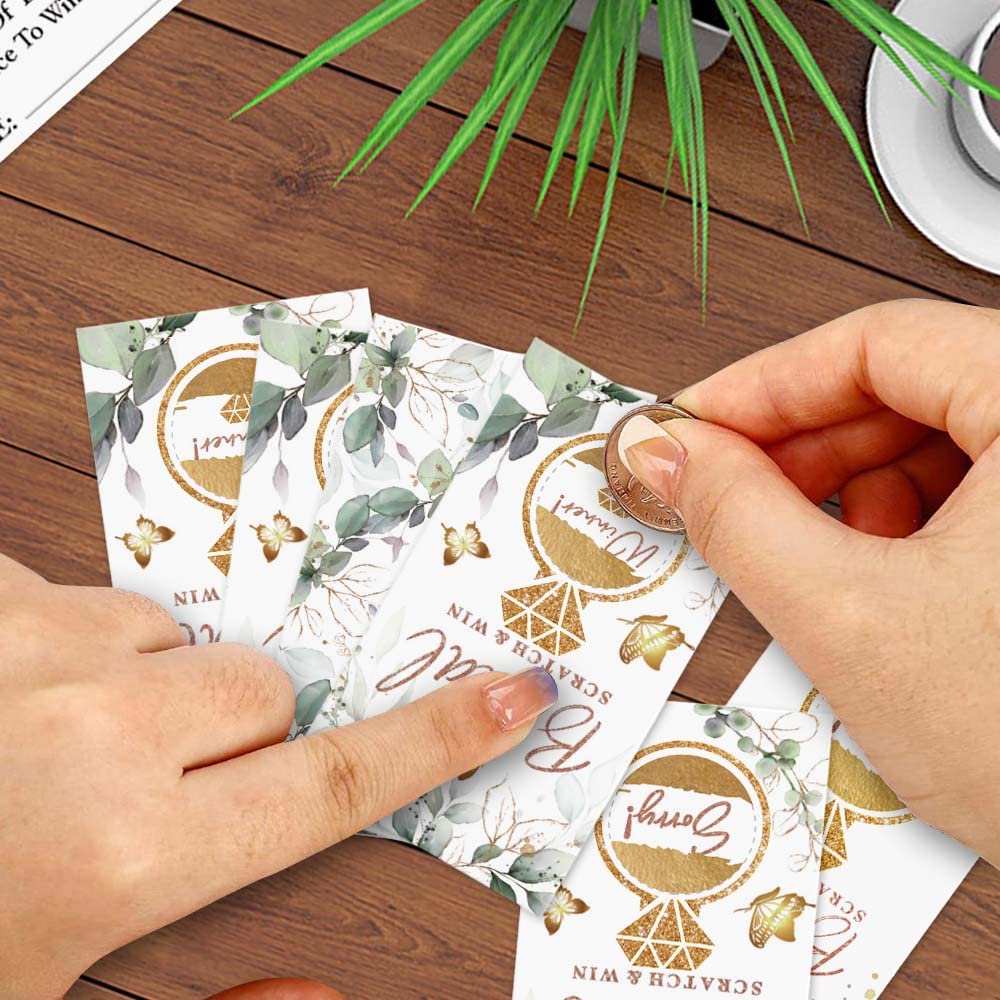 Bridal Shower Scratch Off Card-50 Pack,Eucalyptus Golden Butterfly Green Garden Bride Shower Lottery Game, Activities, and Ideas, Country Wedding, Bridal Lottery Tickets, Wedding Shower Ideas