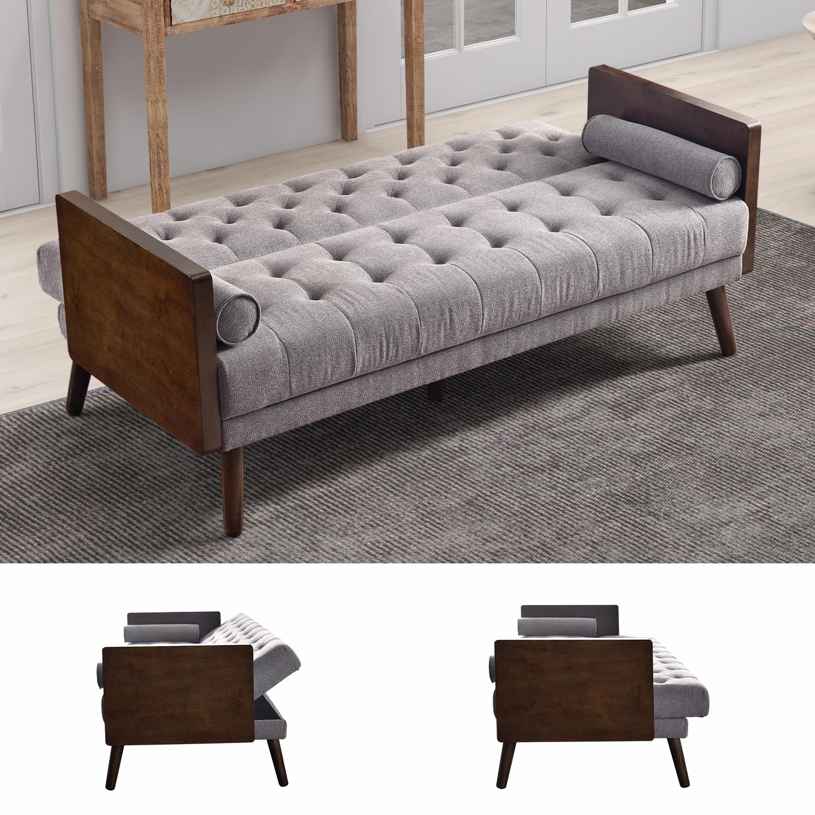 CANMOV Futon Sofa Bed, Sofa Cama, Sleeper Loveseat, Convertible Sleeper Sofa Bed Living Room, Wood Frame Loveseat Sleeper Sofa Bed with 2 Pillows for Small Spaces, Bedroom, Office, 70 Inch, Grey