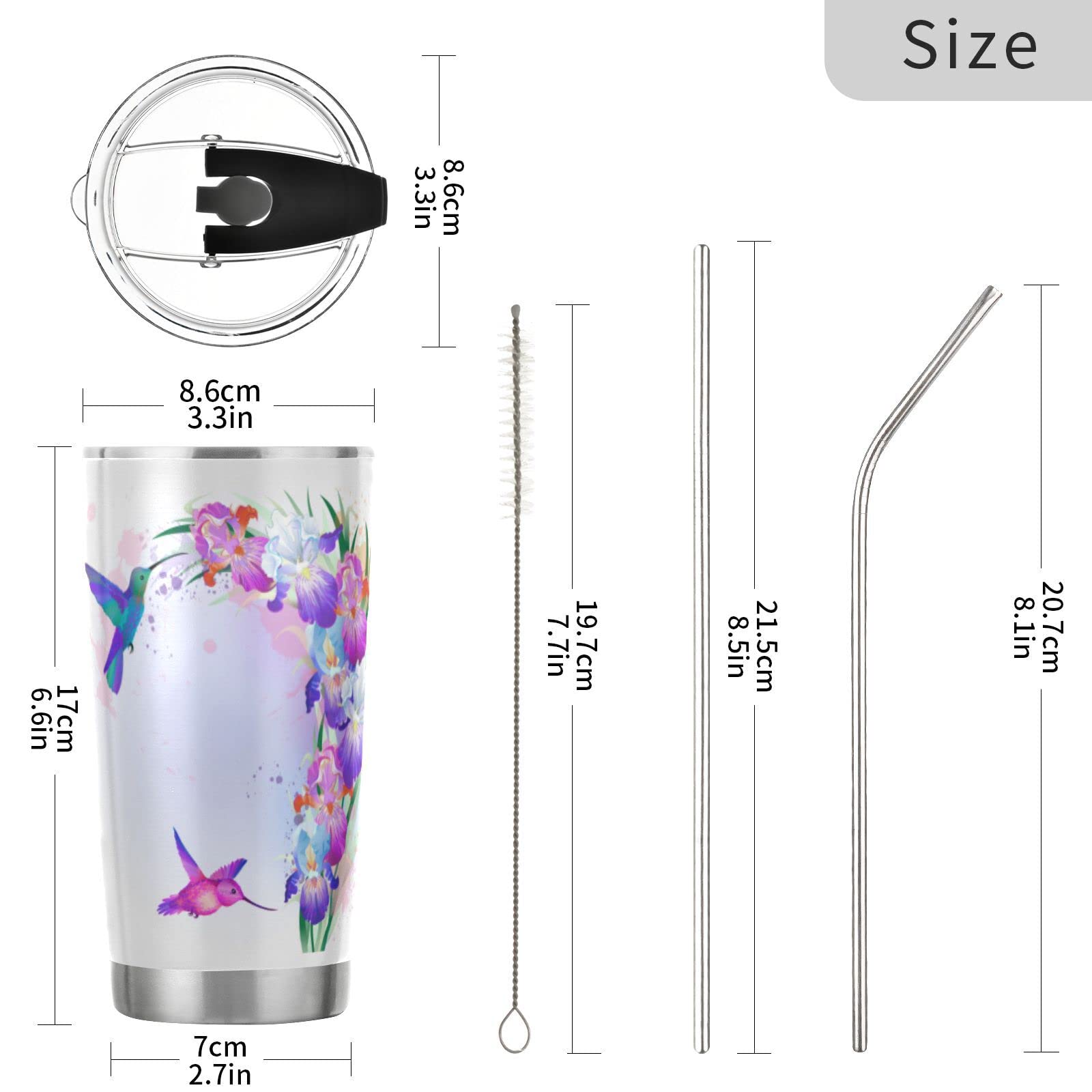 Bright Iris Flowers Hummingbirds Travel Mug Insulated Tumbler with Lid and Straw Spring Floral Beautiful Stainless Steel Vacuum Double Walled Drinking Cup Keeps Drinks Cold&Hot Water Bottle for Trave