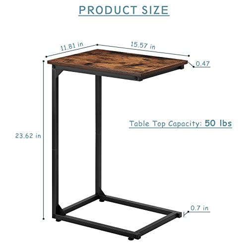 C Shaped Side Table Set of 2, C Table for Sofa, Couch Table End Table Slide Under, Snack Side Table for Living Room, Bedroom, Rustic Brown
