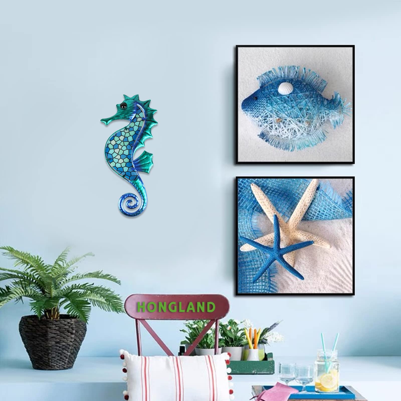 HONGLAND 2 Pack Metal Wall Art Seahorse Wall Decor Coastal Wall Sculptures Beach Theme Wall Decoration for Home,Garden,Fence 12 inch