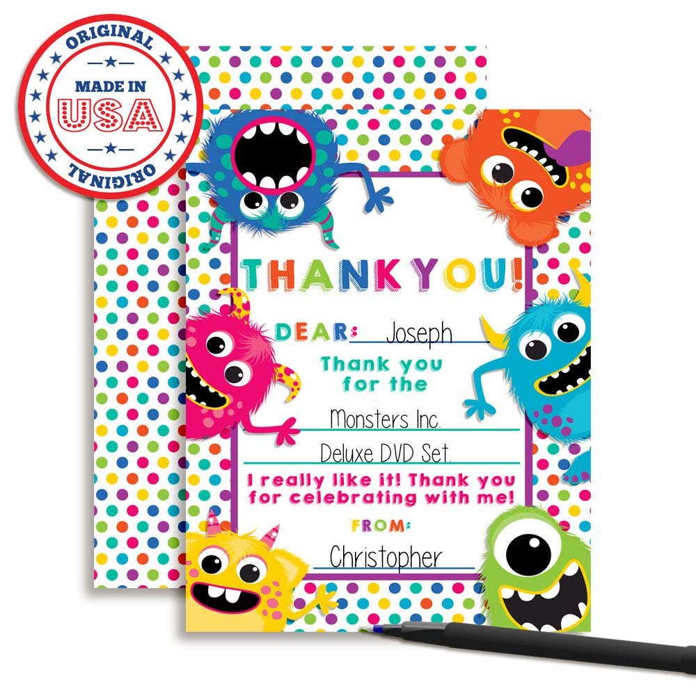 Cute & Colorful Monsters Thank You Notes for Kids, Ten 4" x 5.5" Fill In The Blank Cards with 10 White Envelopes by AmandaCreation