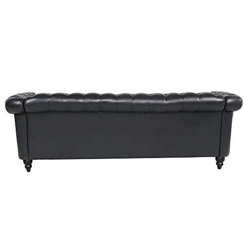Dvasovio Chesterfield Luxury Leather Sofa, Upholstered PU Sofa with Tufted Back, Classic 3 Seater Leather Couch Rolled Arm for Living Room Office, Black