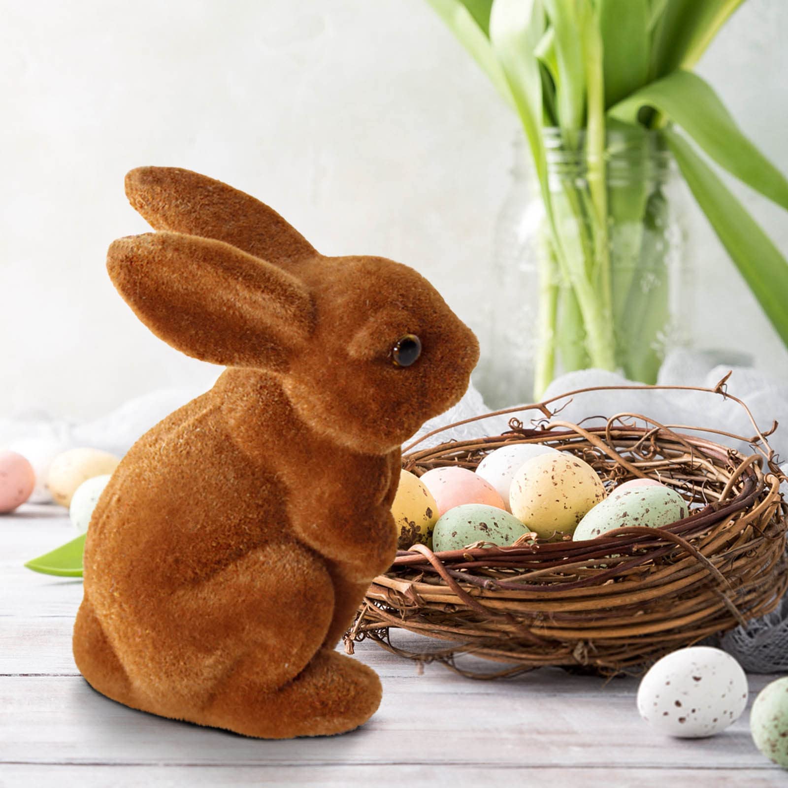 Miaaim Easter Artificial Moss Bunny Furry Flocked Standing Rabbit Miniatures Figurine Easter Table Ornament Holiday Party Decoration Garden Fairy Decor Yard Lawn Spring Ornament