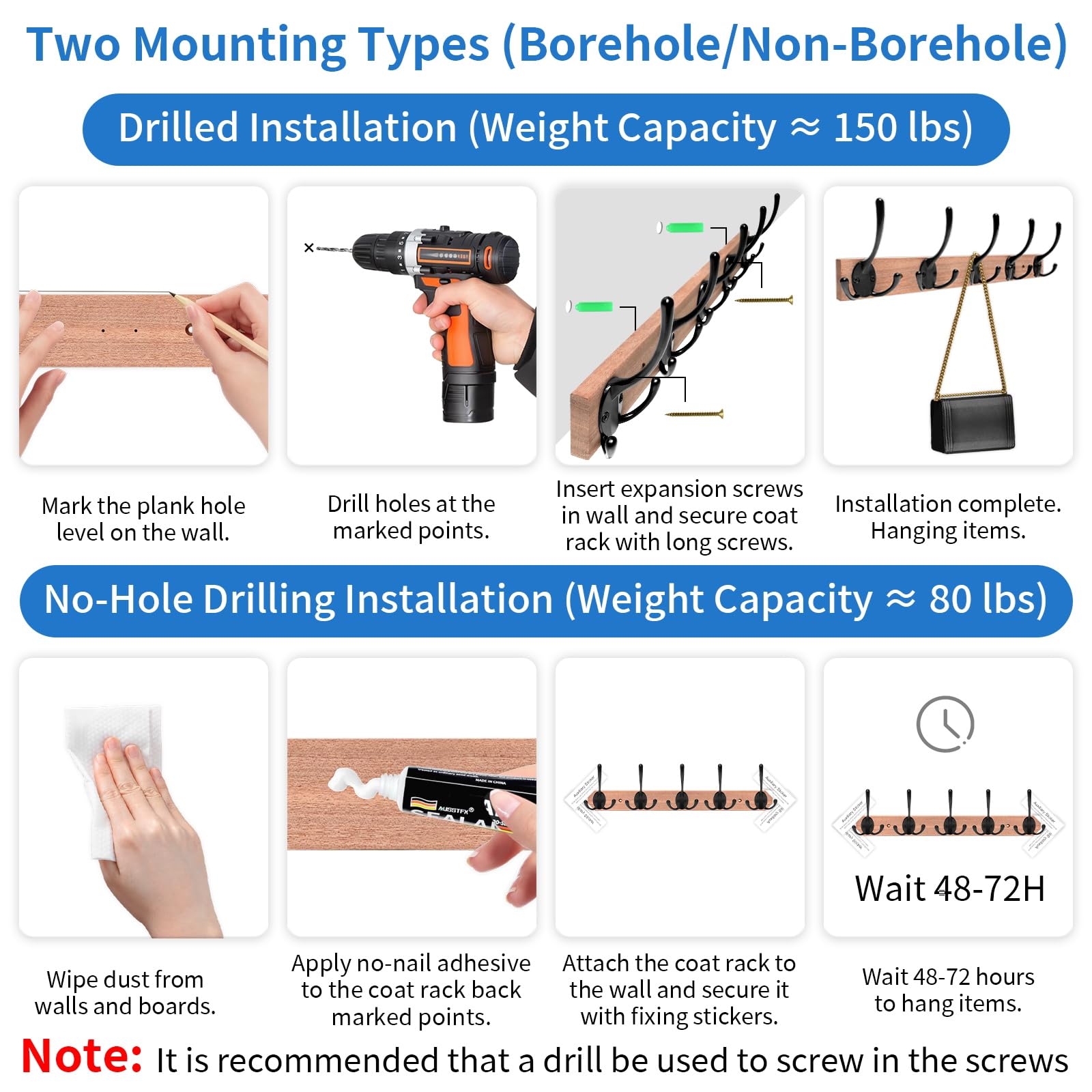 Coat Rack Wall Mounted, Entryway Wall Clothes Rack Hooks with 5 Heavy Duty Metal Three Hooks, Wooden Coat Hooks Wall Mount with 2 Mounting Types for Hanging Jacket, Backpack, Towel, Keyholder, Hats