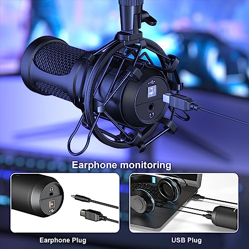Aokeo USB Condenser Microphone, PC Microphone for Podcasting, Recording, Live Streaming & Gaming, Built-in Headphone Output, All Metal USB A/C Mic,Voice-Isolating Technology
