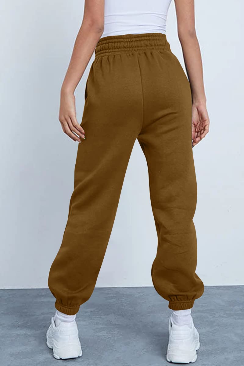 AUTOMET Women’s 2023 Fall High Waisted Sweatpants Baggy Fleece Lined Lounge Pants Petite Wide Leg Drawstring Brown Joggers