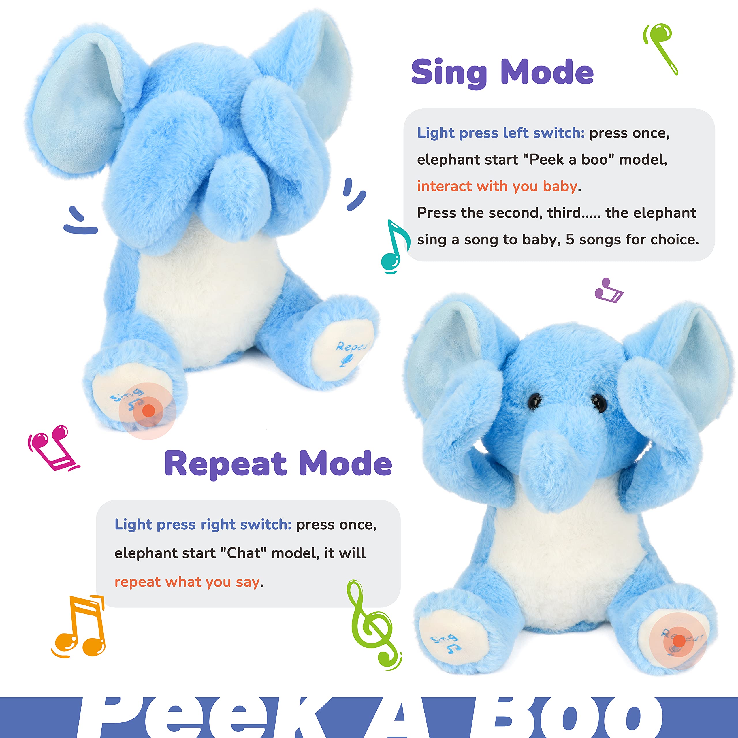 Hopearl Peek A Boo Elephant Interactive Repeats What You Say Plush Elephish Toy Musical Singing Talking Stuffed Animal Adorable Electric Animate Birthday Festival, Blue, 11.5''