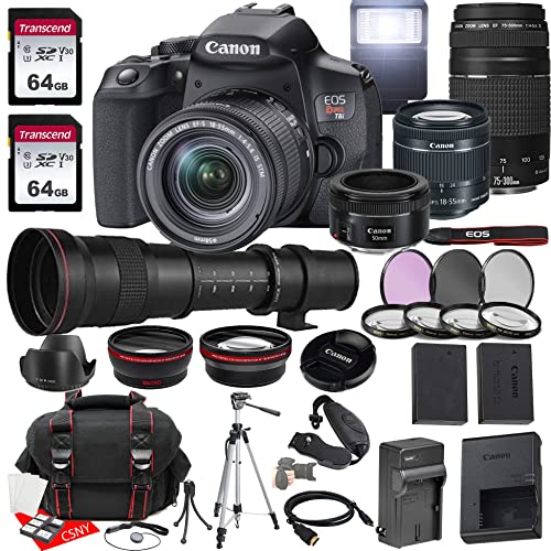 Canon EOS Rebel T8i DSLR Camera w/EF-S 18-55mm F/4-5.6 Zoom is STM+ 75-300mm F/4-5.6 III+ EF 50mm f/1.8 STM Lenses+ 420-800mm f/8.3 Lens for T Mount+2X 64GB Memory+Hood+Case+Filters+More (35pc Bundle)