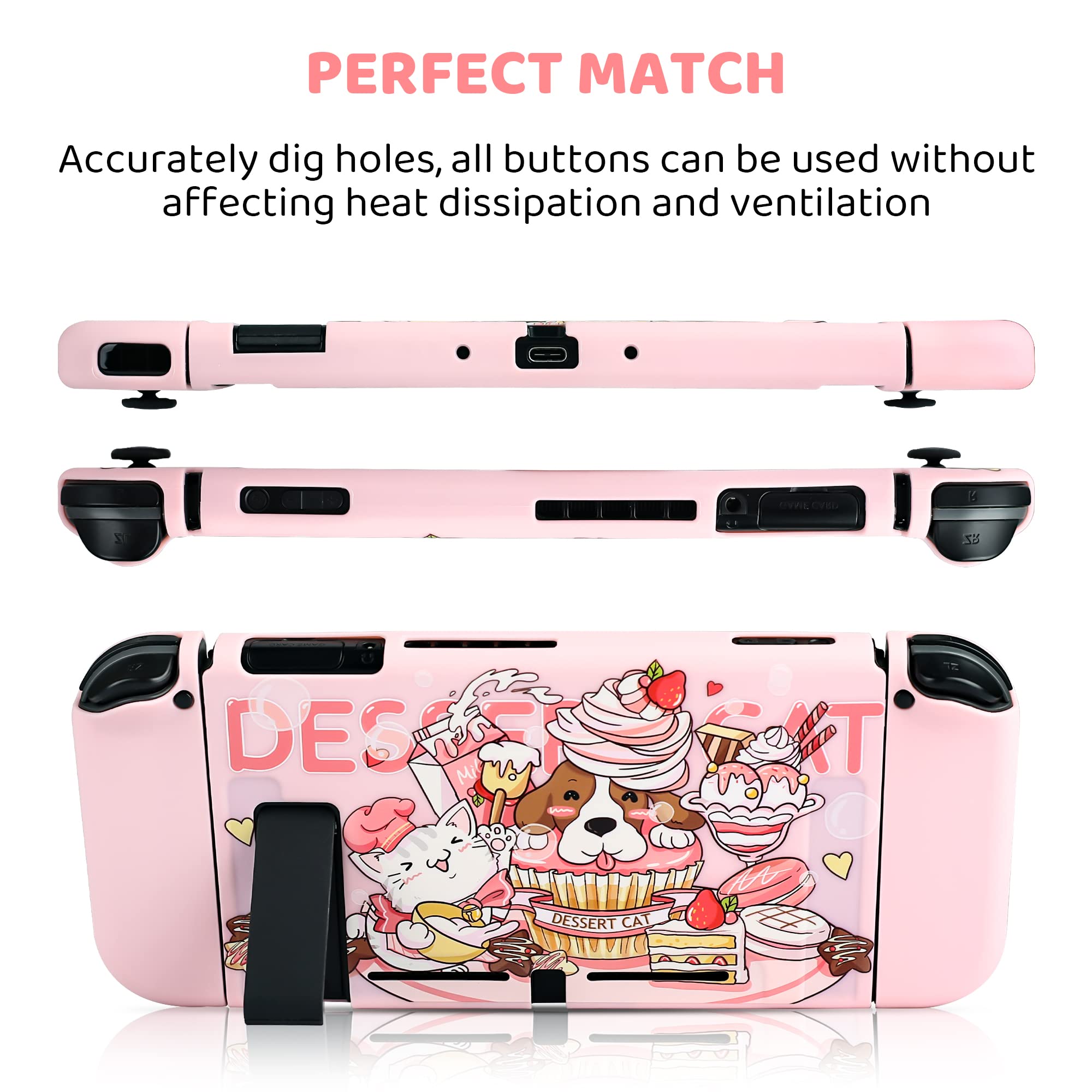 Cute Case for Nintendo Switch, FANPL Soft TPU Protective Cover Compatible with Switch Console and Joy Con Controller, Pink Dockable Shell, Kawaii Switch Skin Accessories - Dessert Cat & Dog Pattern