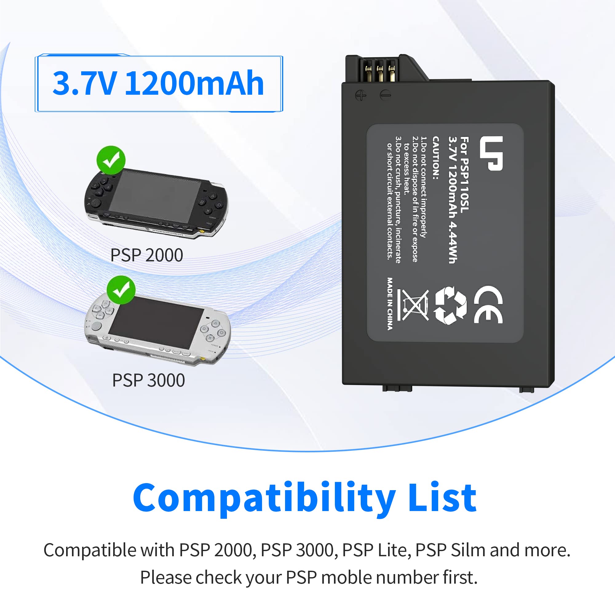 LP PSP S110 Battery, 1-Pack 3.7V 1200mAh Li-ion Rechargeable Battery, Compatible with Sony Play Station PSP 3000, PSP 2000 Series, PSP Lite, PSP Slim, PSP-S110 Console