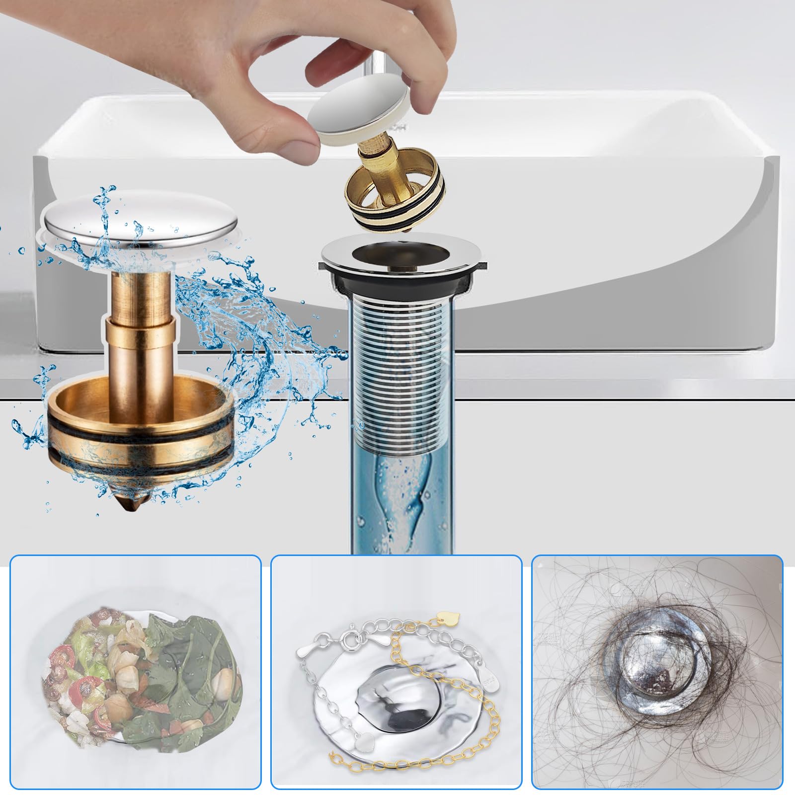 Bathroom Sink Drain Pipe Kit,Bathroom Sink Drain with Strainer Basket Hair Catcher and pop-up Stopper Flexible Sink Drain Pipe P-Trap,Suitable for drains Including for 1-1/4'' & 1-1/2'',RuQiankun