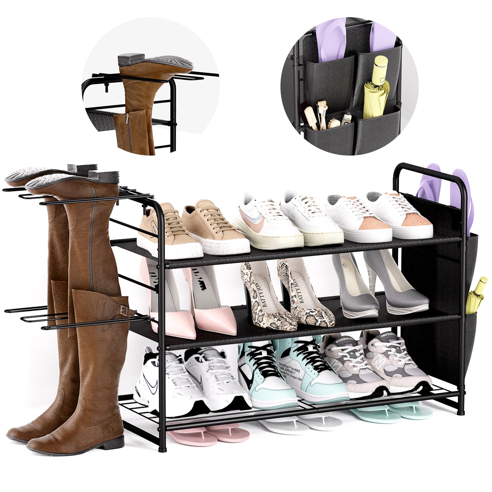 CLESOO Shoe Rack Storage Organizer 3-Tier Freestanding Metal Shoe Rack, Stackable Combination Shoe Rack with Side Pockets and Boot Organizer Rack Suitable for Entrances, Corridors, Garages