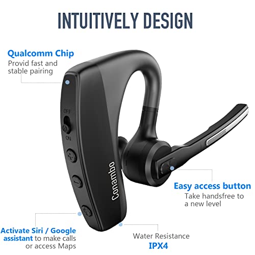 Conambo K10C Bluetooth Headset V5.1, Bluetooth Earpiece with CVC8.0 Dual Mic Noise Cancelling Handsfree Headset 16h Talk Time Wireless Headset for iPhone Android Cellphones Trucker Driver Office Work