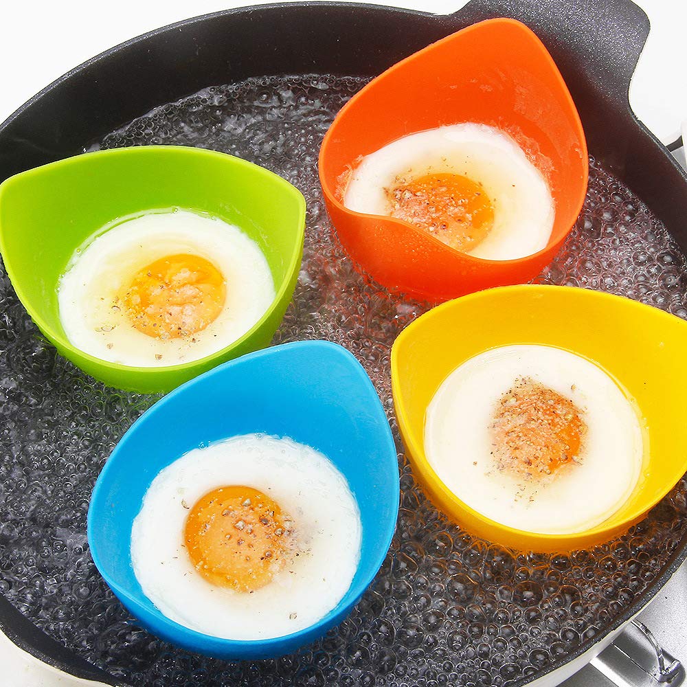 Egg Poacher, 4 Pack Egg Boiler Mold Cup, Poached Egg Cups with Ring Standers, Silicone Egg Poacher Cooker for Microwave Stovetop Air Fryer, with Extra Oil Brush, BPA Free