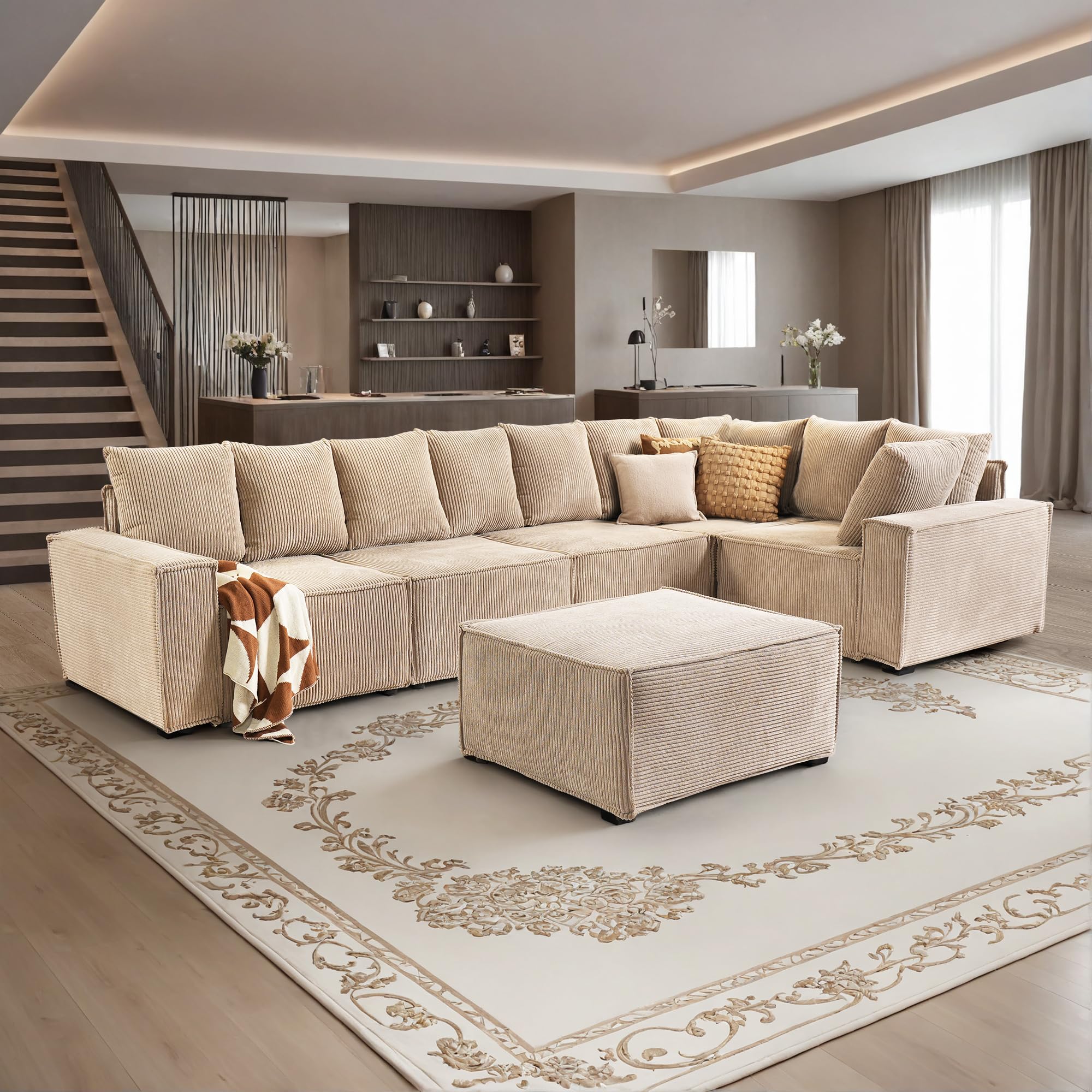 CAODOC Luxury Modular Sectional Corduroy Sofa Set, U Shaped Couch Reversible Chaise Modular Sectional Couch, 125 inch Width, 6 Seat Modular Sofa with Ottoman, Camel