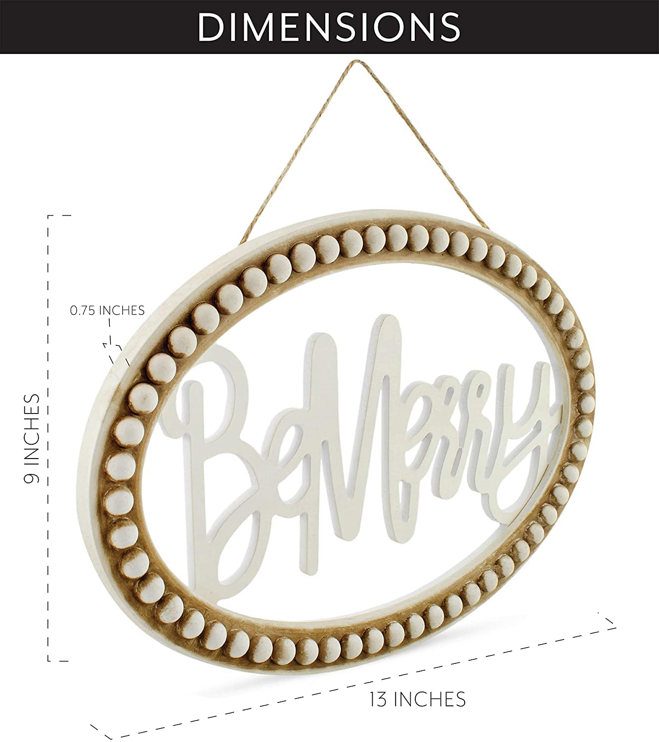 AuldHome Beaded Wooden Christmas Sign, "Be Merry" Oval Wood Holiday Decor Hanging Sign