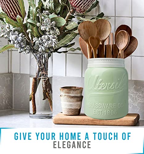 Comfify Wide Mouth Mason Jar Utensil Holder Decorative Kitchenware Organizer Crock, Chip Resistant Ceramic, Dishwasher Safe - Kitchen Caddy Green, Large Size 7" High