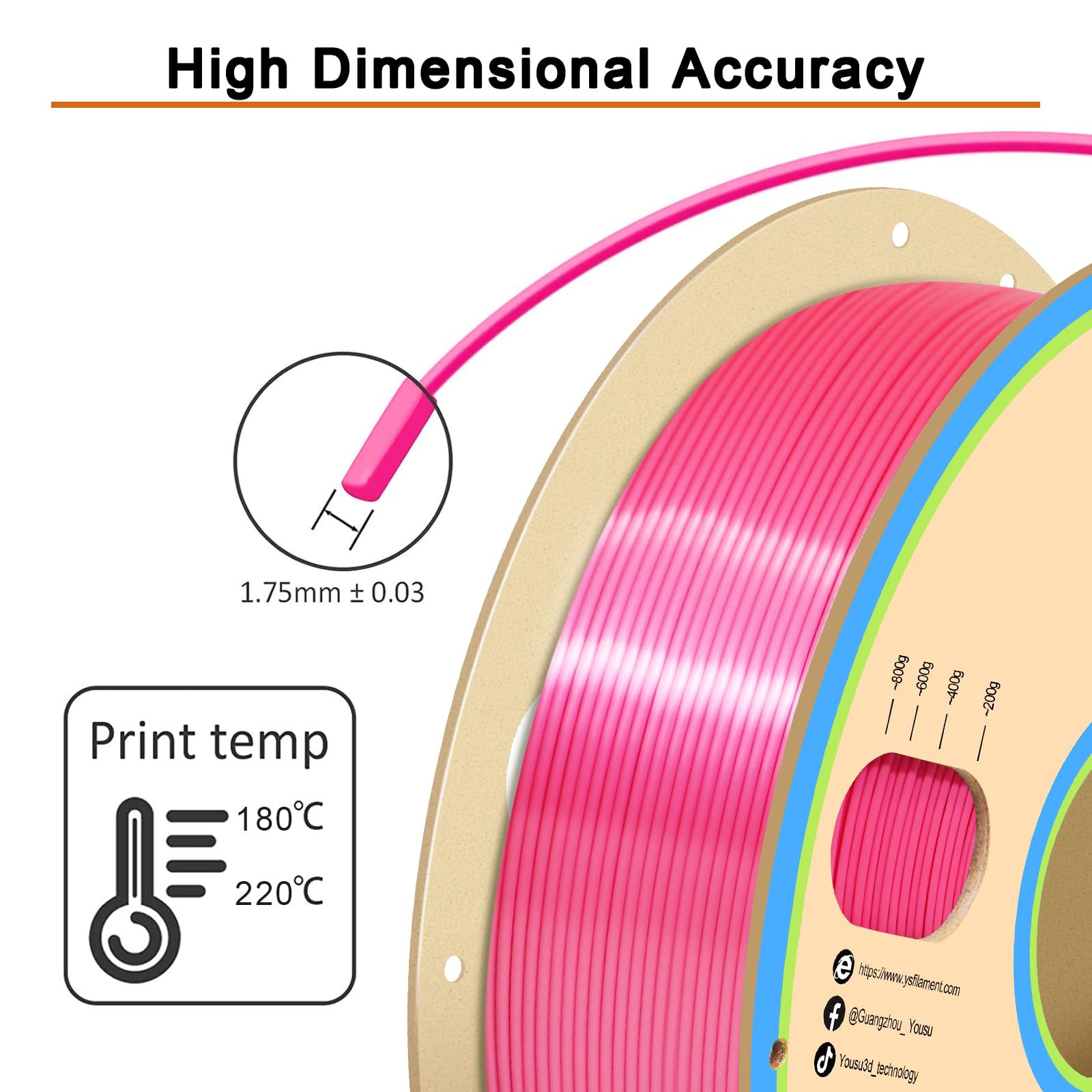 YOUSU Silk PLA 3D Printer Filament with Shiny Surface, Silk Pink PLA Filament 1.75mm 1kg, Compatible with Most of 3D Printer.