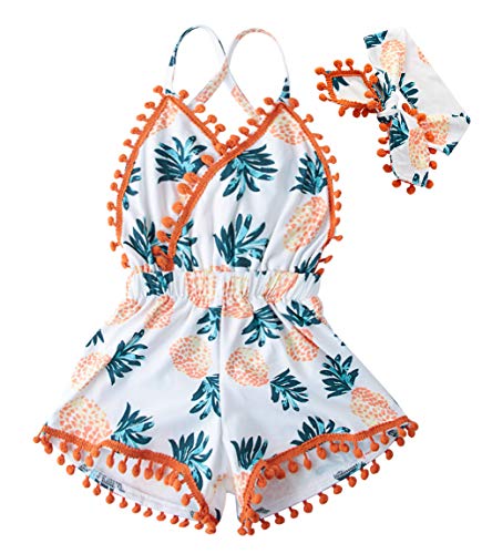 UNICOMIDEA 18-24 Months Toddler Girls V Neck Clothes Novely Pinapple Print Jumpsuits Sleeveless Outfit Set Strap Backless Pompom Bodysuit with Bow-Knot Headband for 2 Years Old's Kids