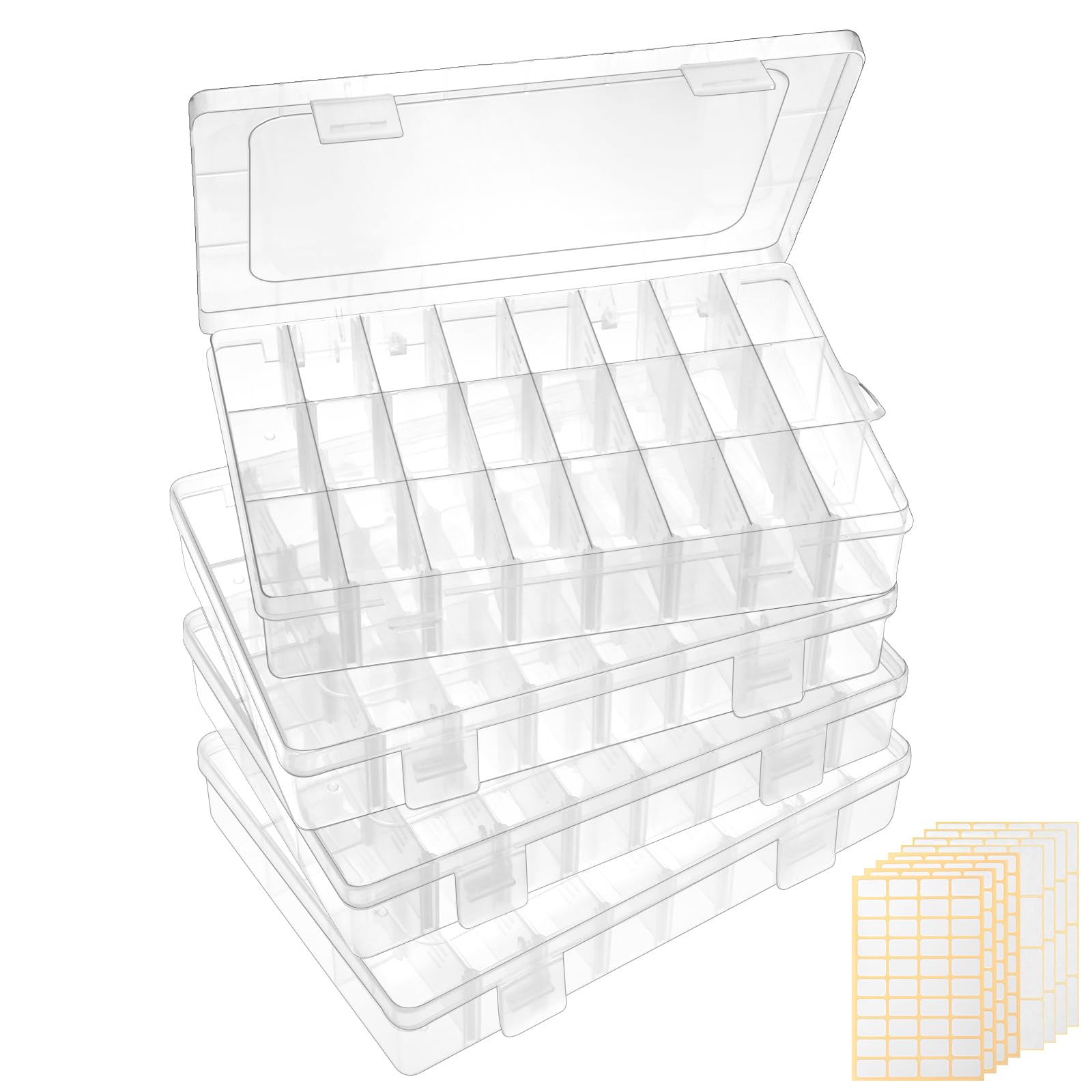 QUEFE 4 Packs 24 Grids Bead Organizer and Storage, Plastic Organizer Box with Removable Divider, Craft Organizer Box for Jewelry Small Parts Candies Snacks, with 8 Sheets of Label Stickers