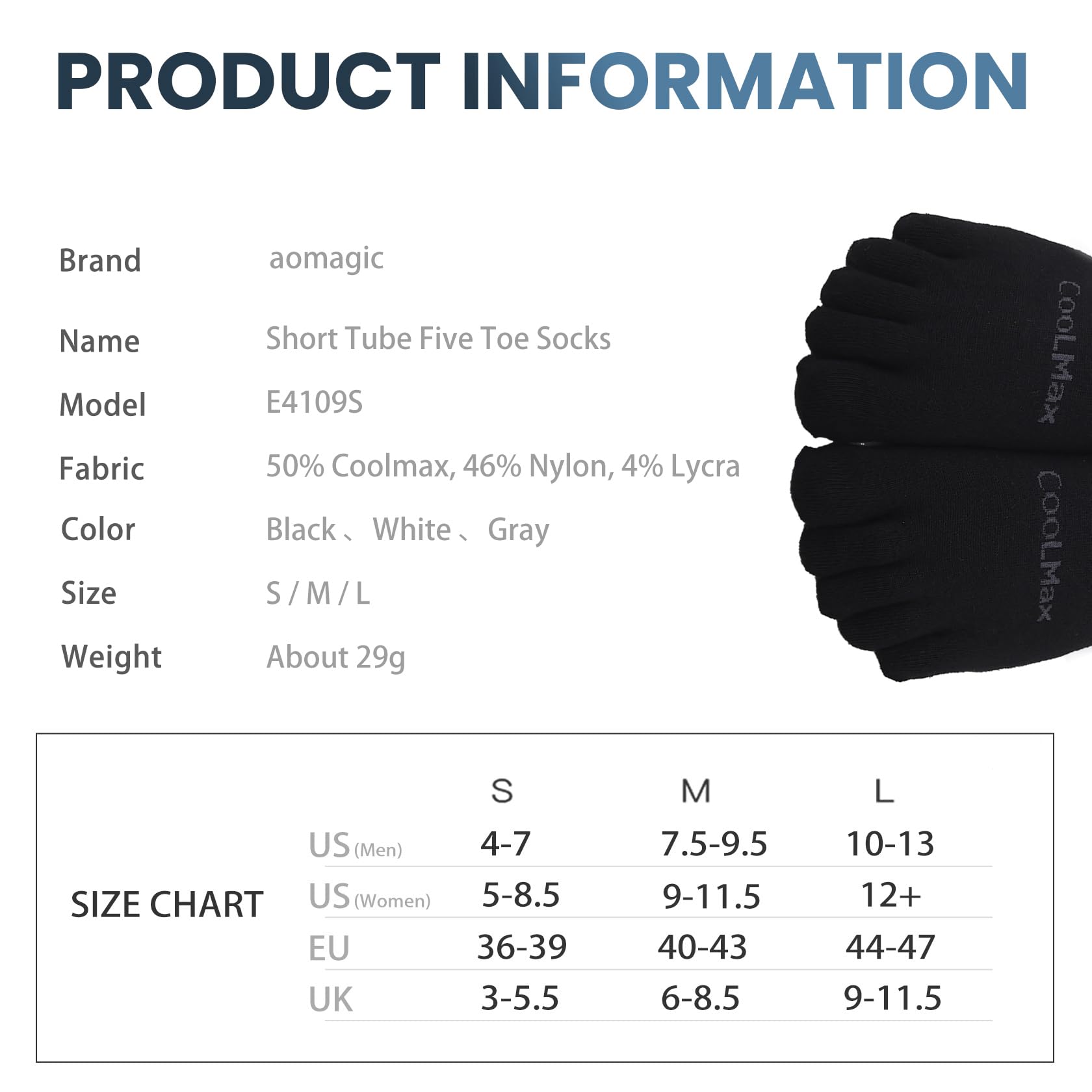 aomagic Men Women's Five Toe Socks for running hiking, Athletic 5 Toe Socks Lightweight Breathable - Value 3 pair Quarter Crew Fashion - Medium
