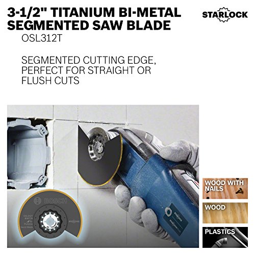 BOSCH OSL312T 3-1/2 In. Starlock Oscillating Multi Tool Grout & Abrasive Titanium-Coated Bi-Metal Segmented Saw Blade for Applications in Wood, Wood with Nails, Drywall, PVC, Metal (Nails and Staples)